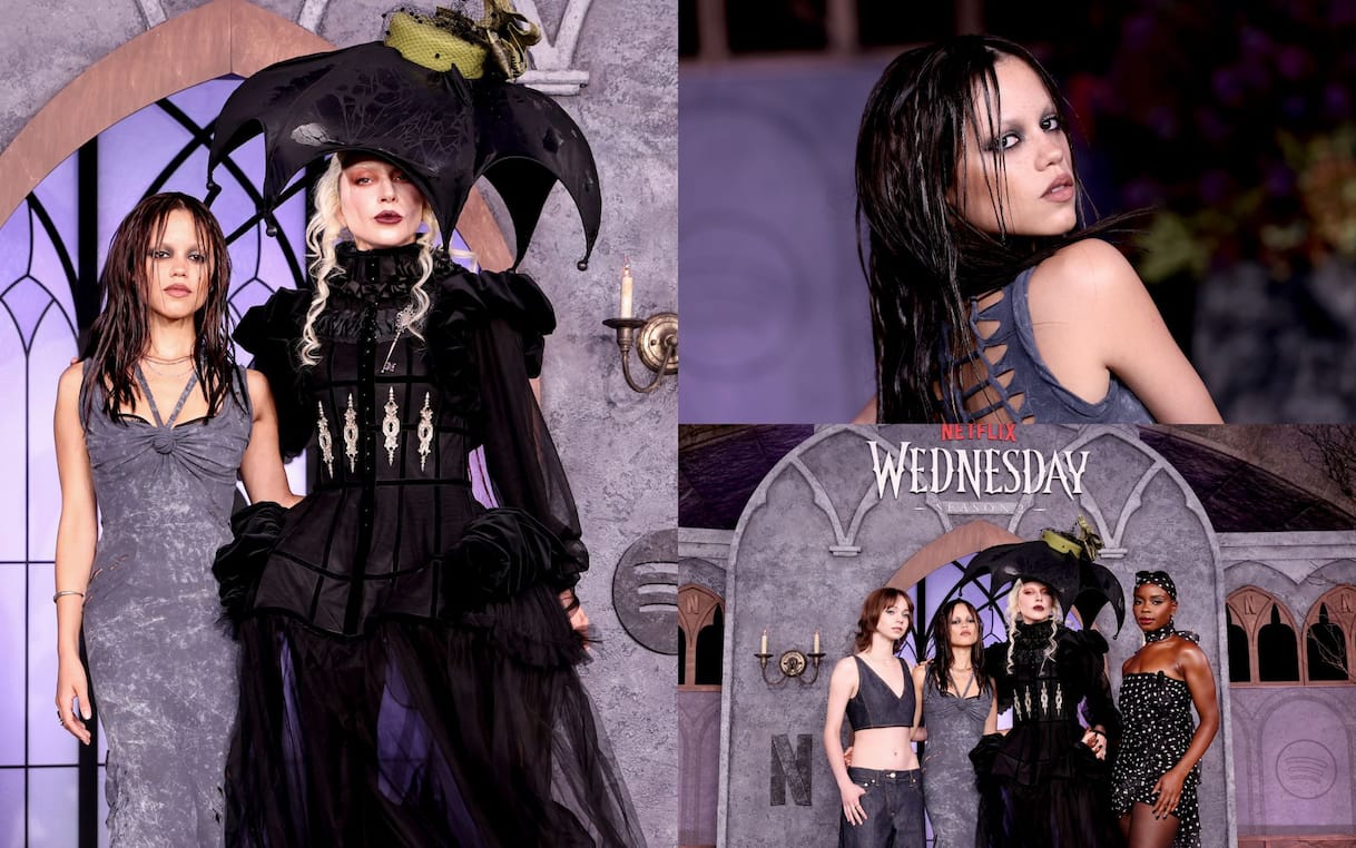 Mercoledì 2, Lady Gaga posa con Jenna Ortega e il cast. Il look gotico ...