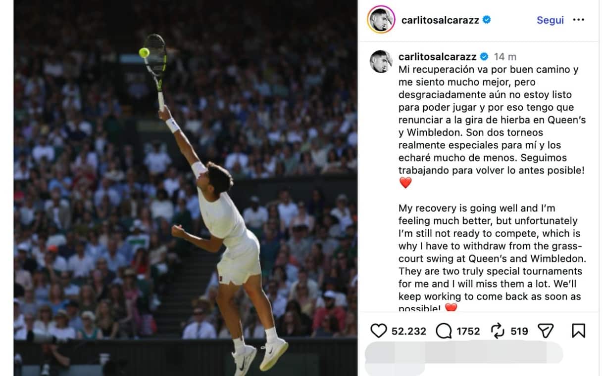 Tennis, l'annuncio social di Alcaraz: 'Non giocherò a Wimbledon'